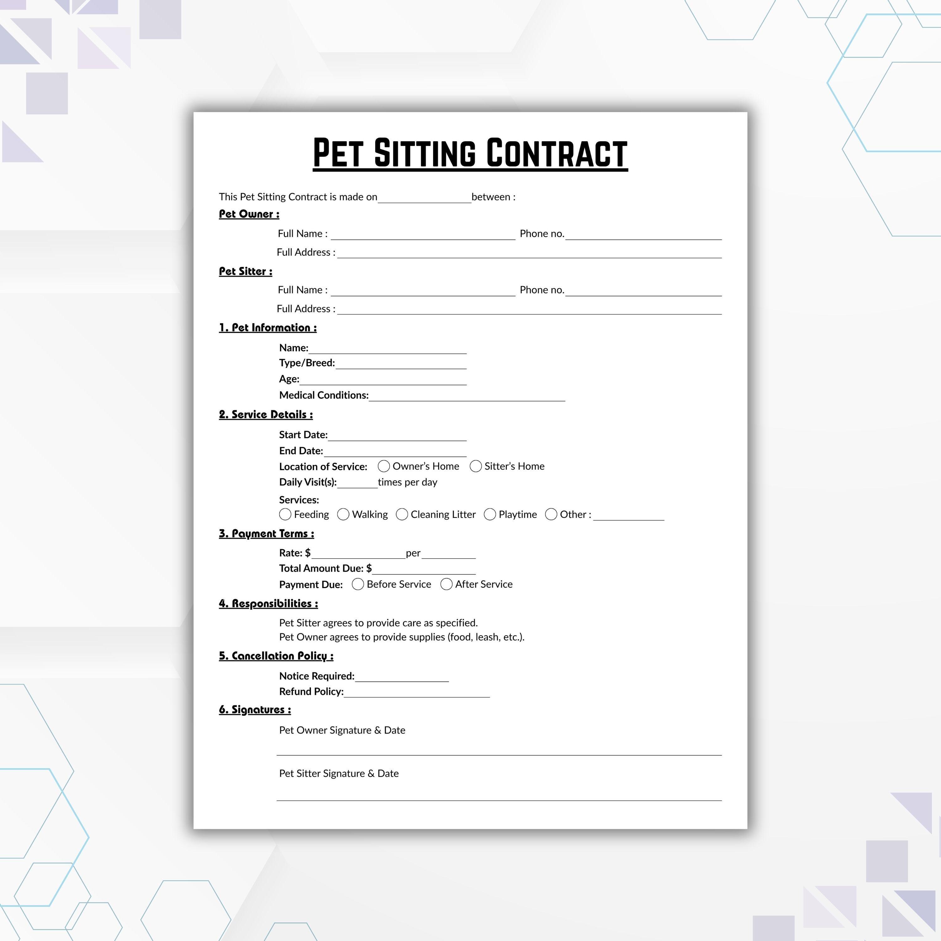 Editable Pet Sitting Contract Template, Single Page Dog Sitting Form ...