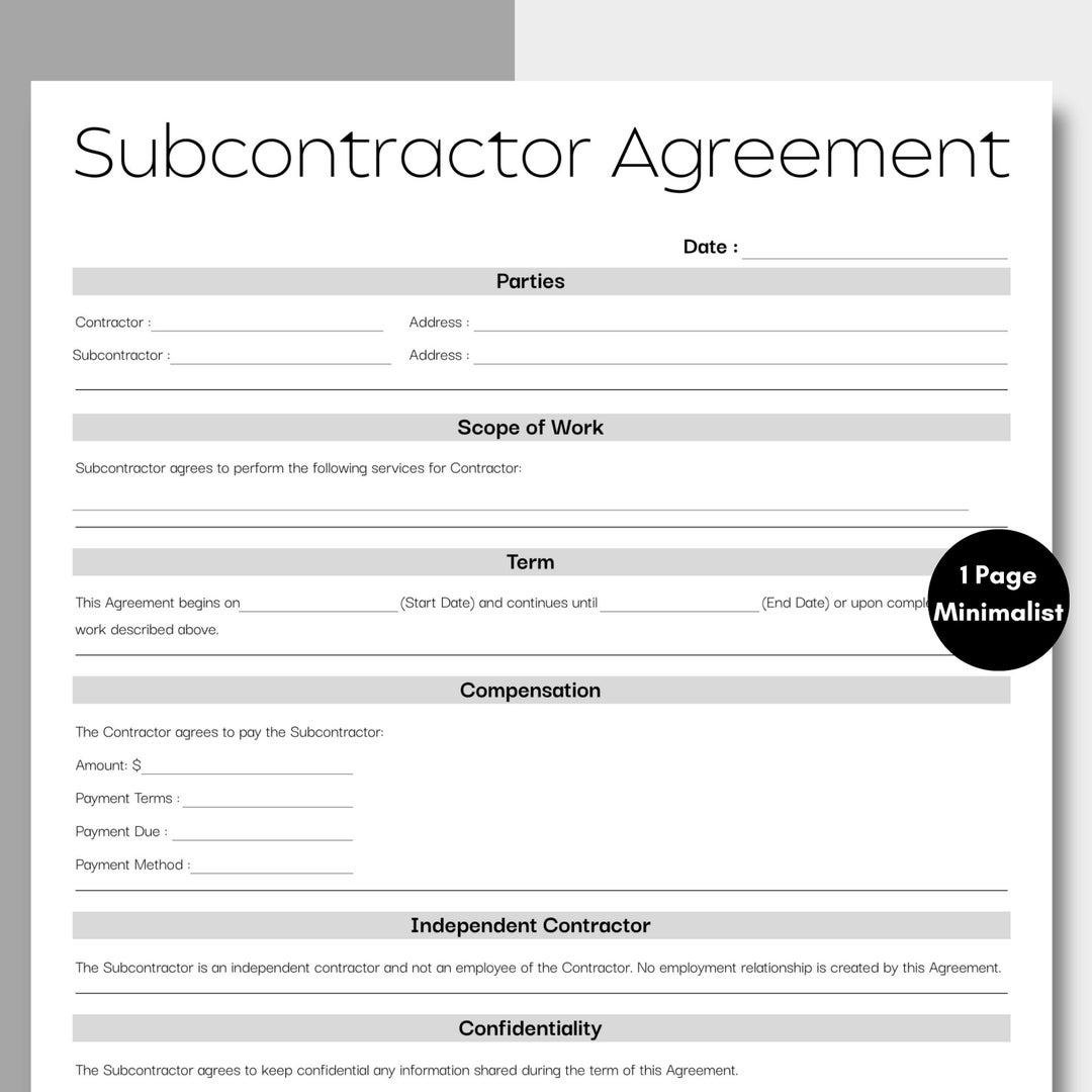 Minimalist Subcontractor Agreement, Simple Job Subcontractor Template ...