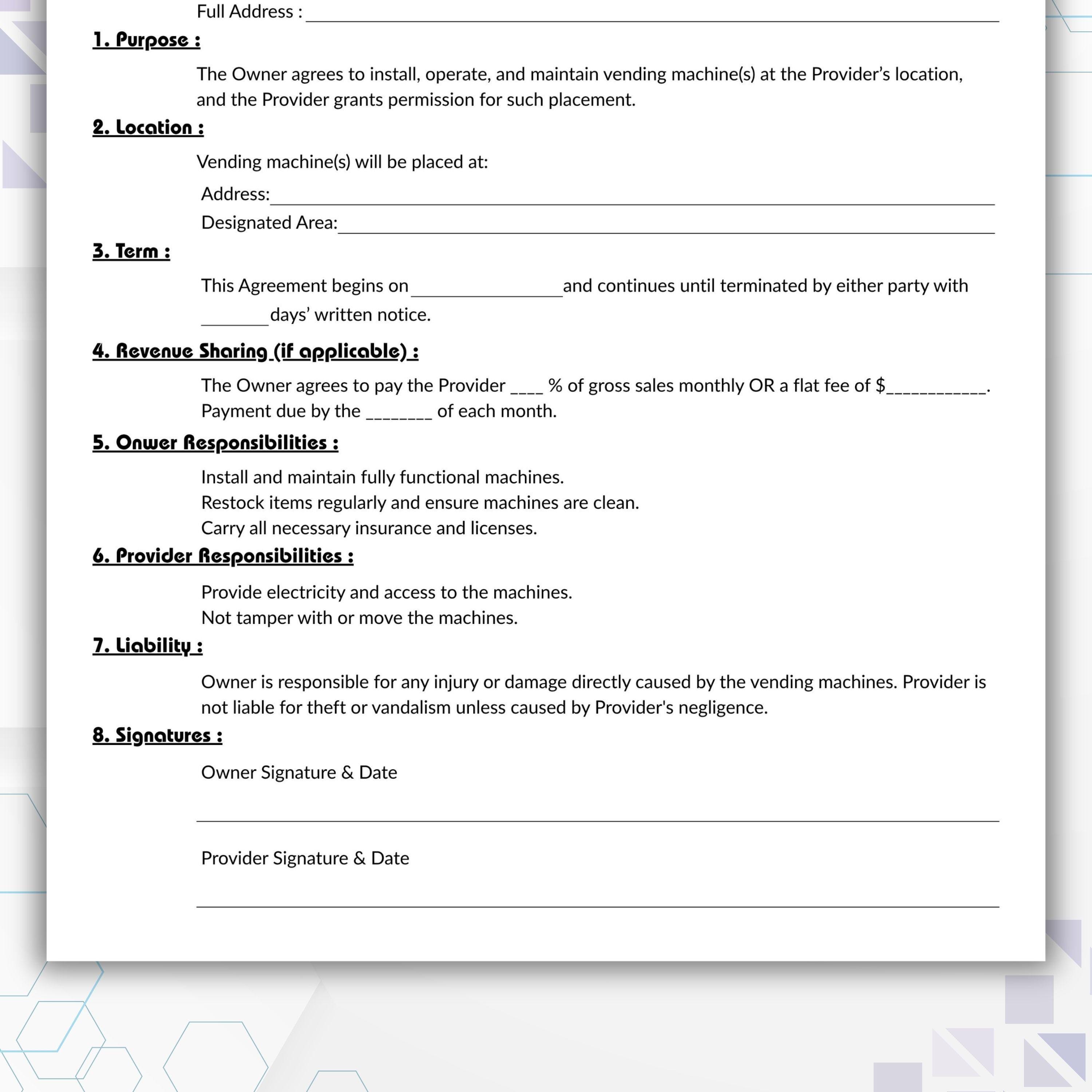 Editable Vending Machine Contract Template, Single Page Vending Rental ...