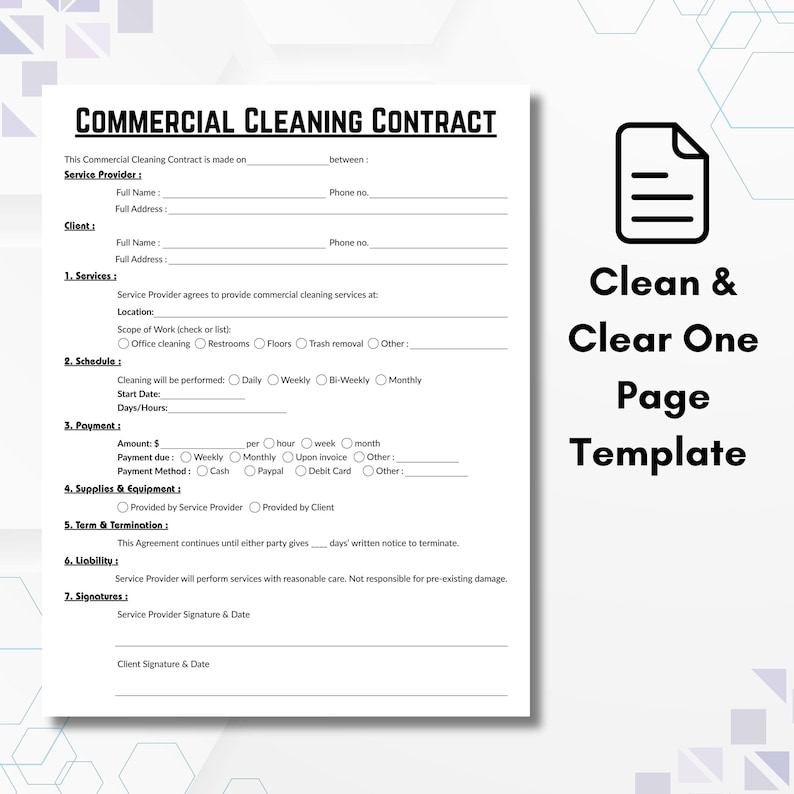 Editable Commercial Cleaning Contract, Simple Cleaning Agreement Template, Printable Realtors ...