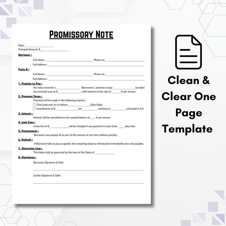 Editable Promissory Note Template, Single Page Personal Loan Agreement ...