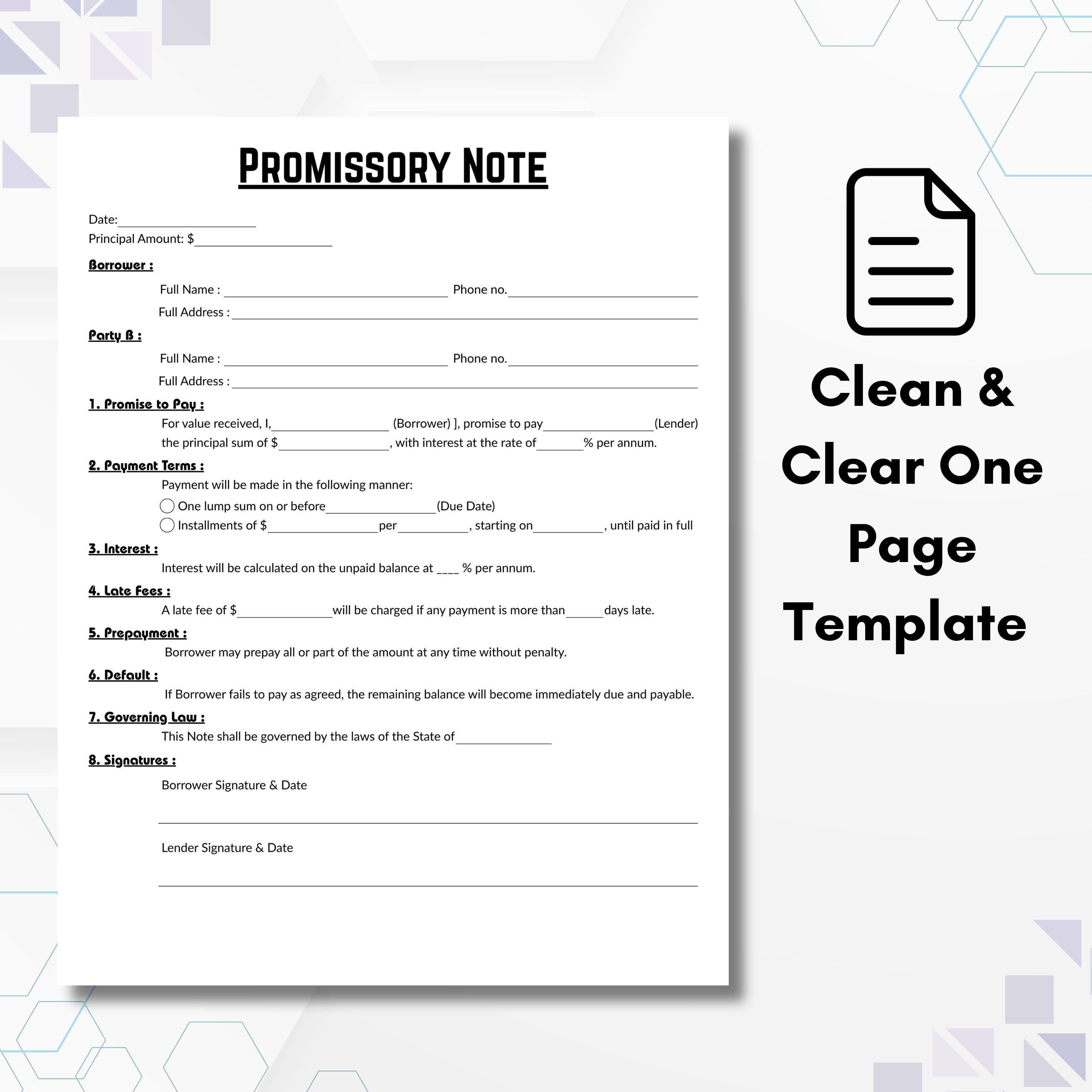 Editable Promissory Note Template, Single Page Personal Loan Agreement ...