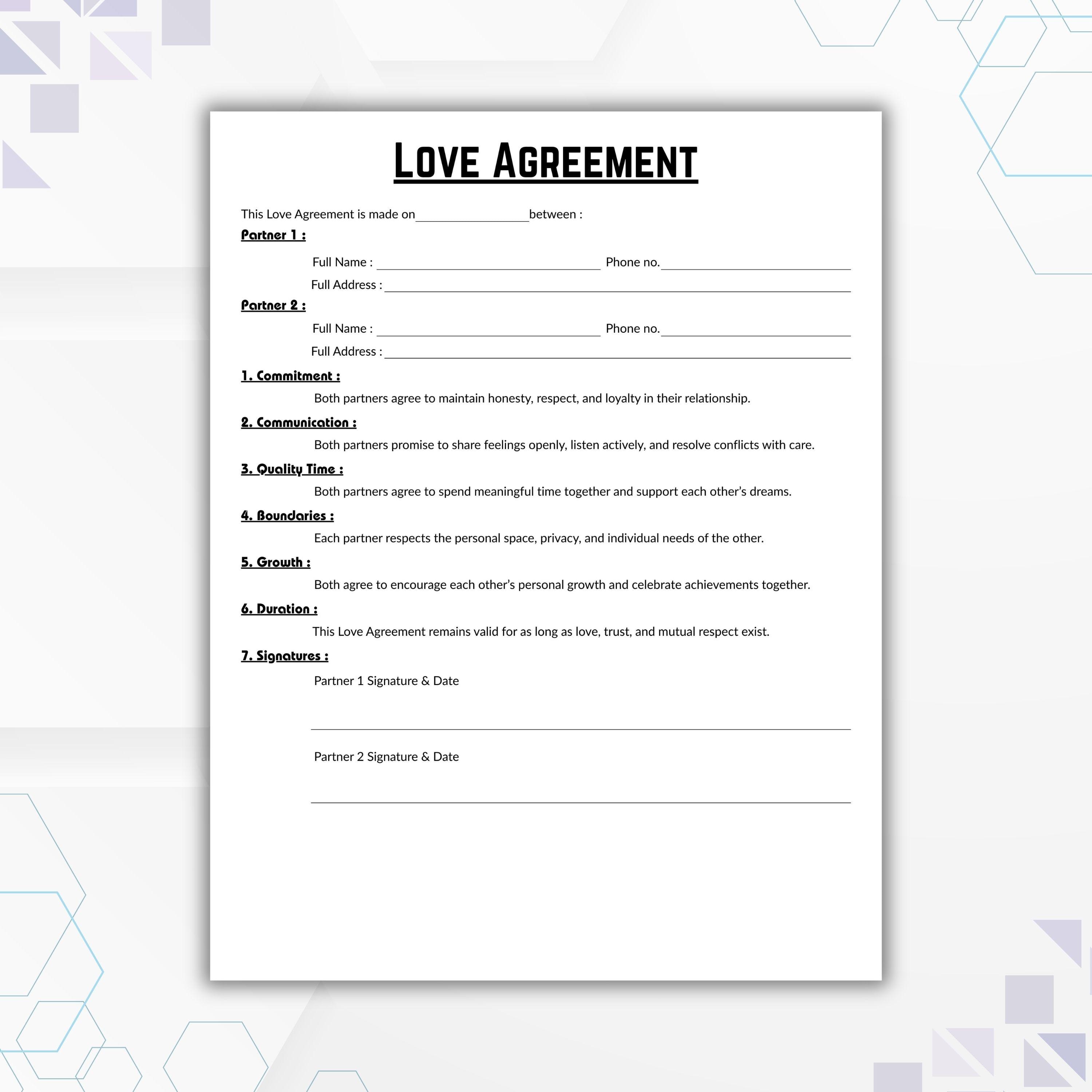 Editable Love Agreement, Simple Relationship Blueprint Template ...