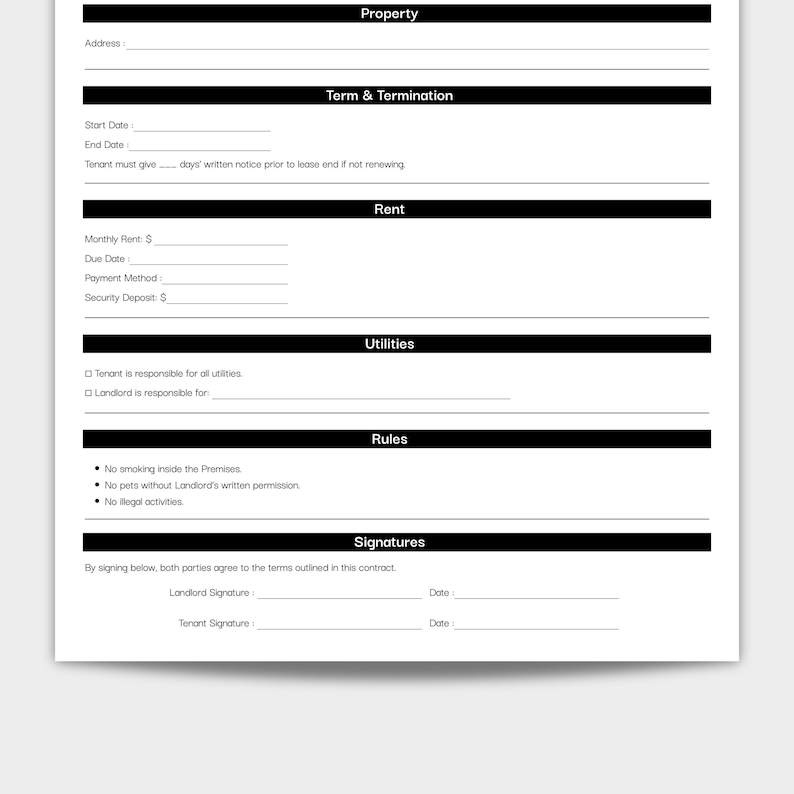Minimalist Residential Lease Agreement Black, Simple Housing Contract ...