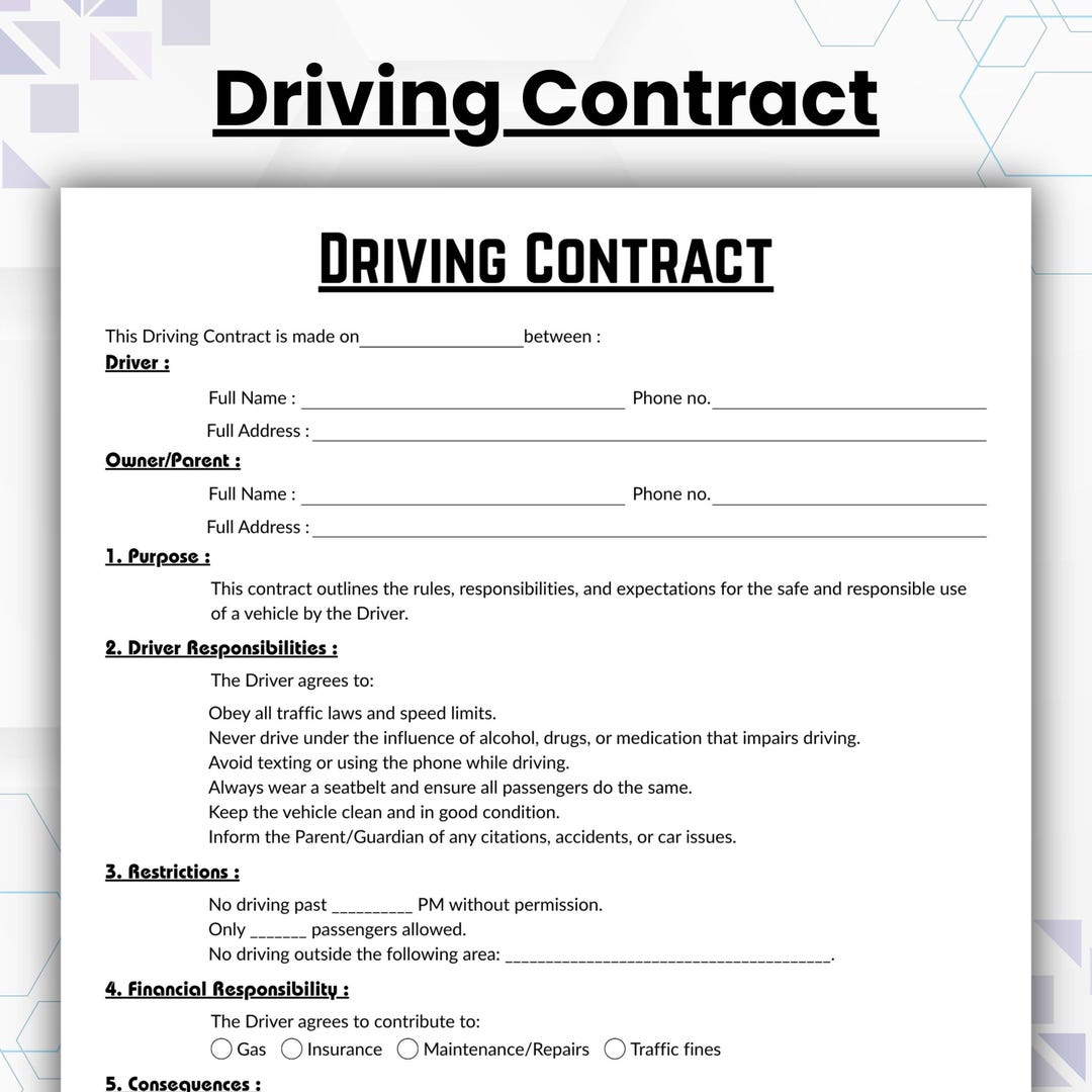Editable Driving Contract, Simple Car Usage Agreement Form Template ...