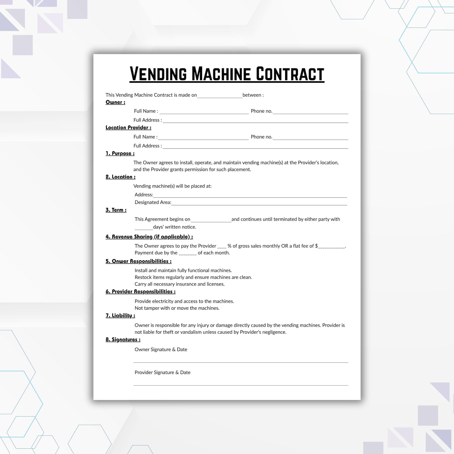 Editable Vending Machine Contract Template, Single Page Vending Rental Form, Printable Snack ...