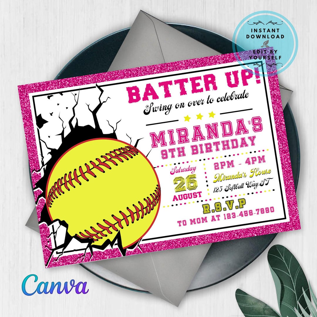 Softball Birthday Party Invitation, Softball Invitation, Softball ...
