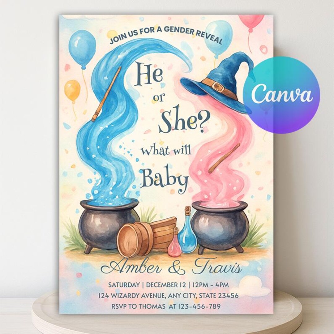 Magical Gender Reveal Invitation, Gender Revel He or She, Wizard Witch ...