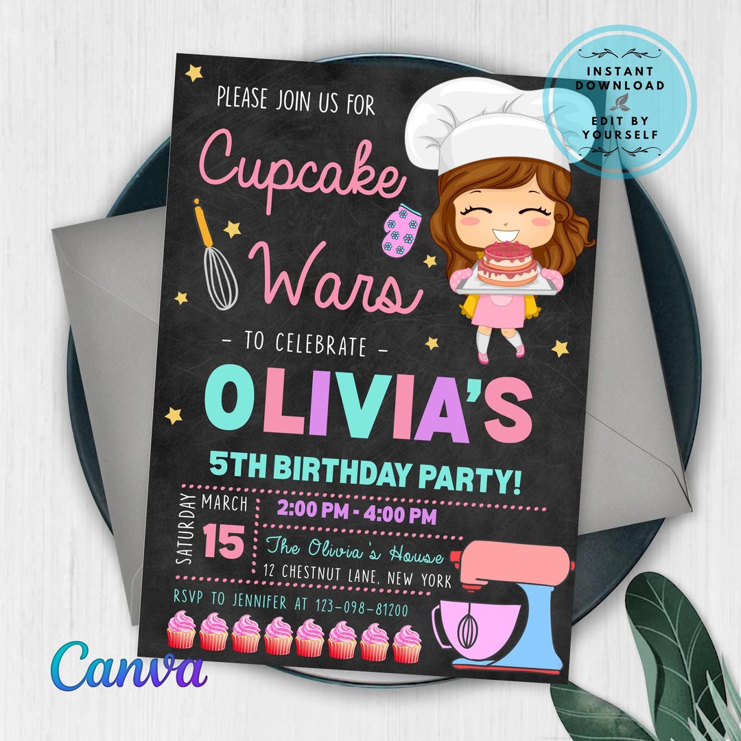 Baking Birthday Party Invitation: Cupcake Theme, Editable Canva ...