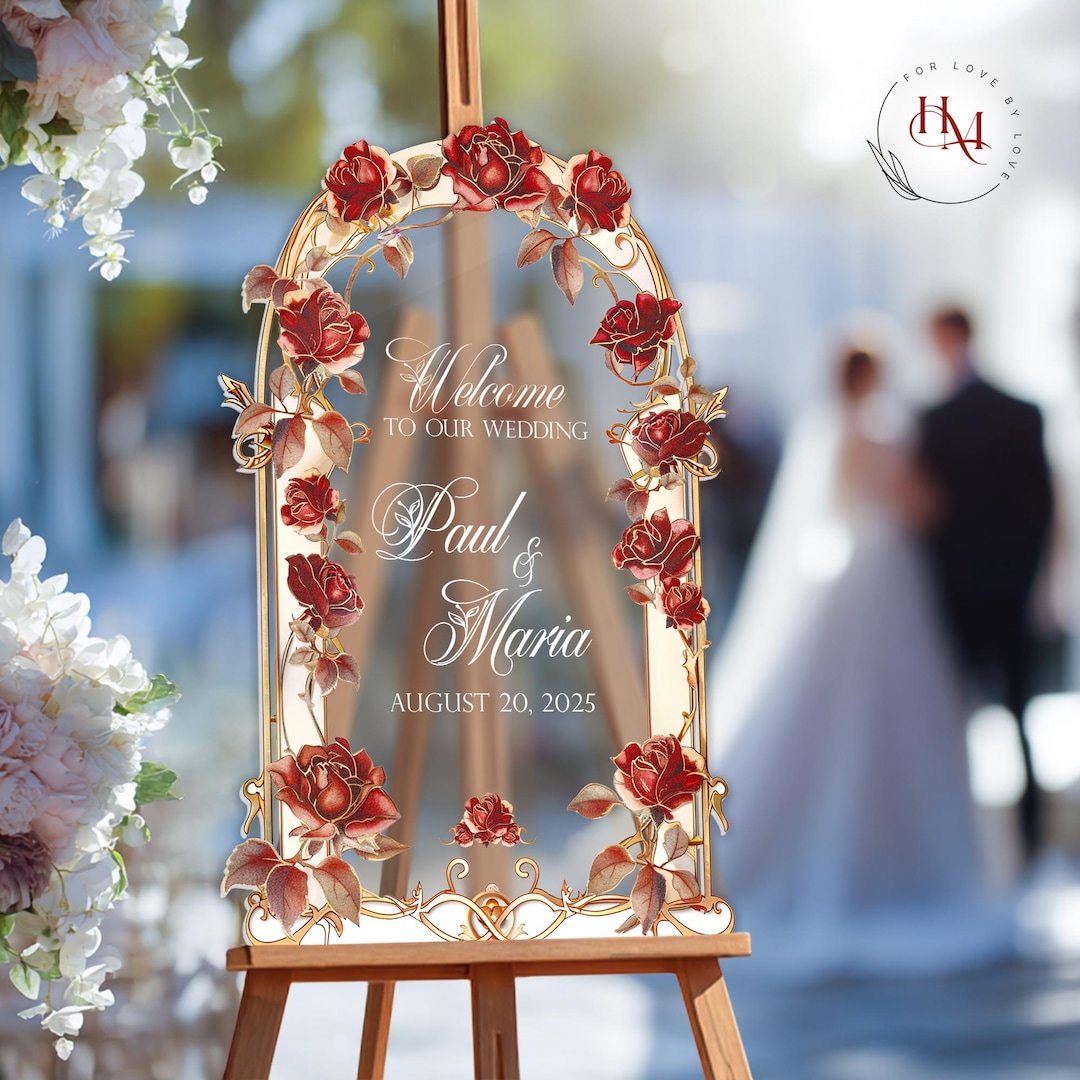 Custom Acrylic Wedding Welcome Sign: Art Nouveau Red Rose Decor - Etsy