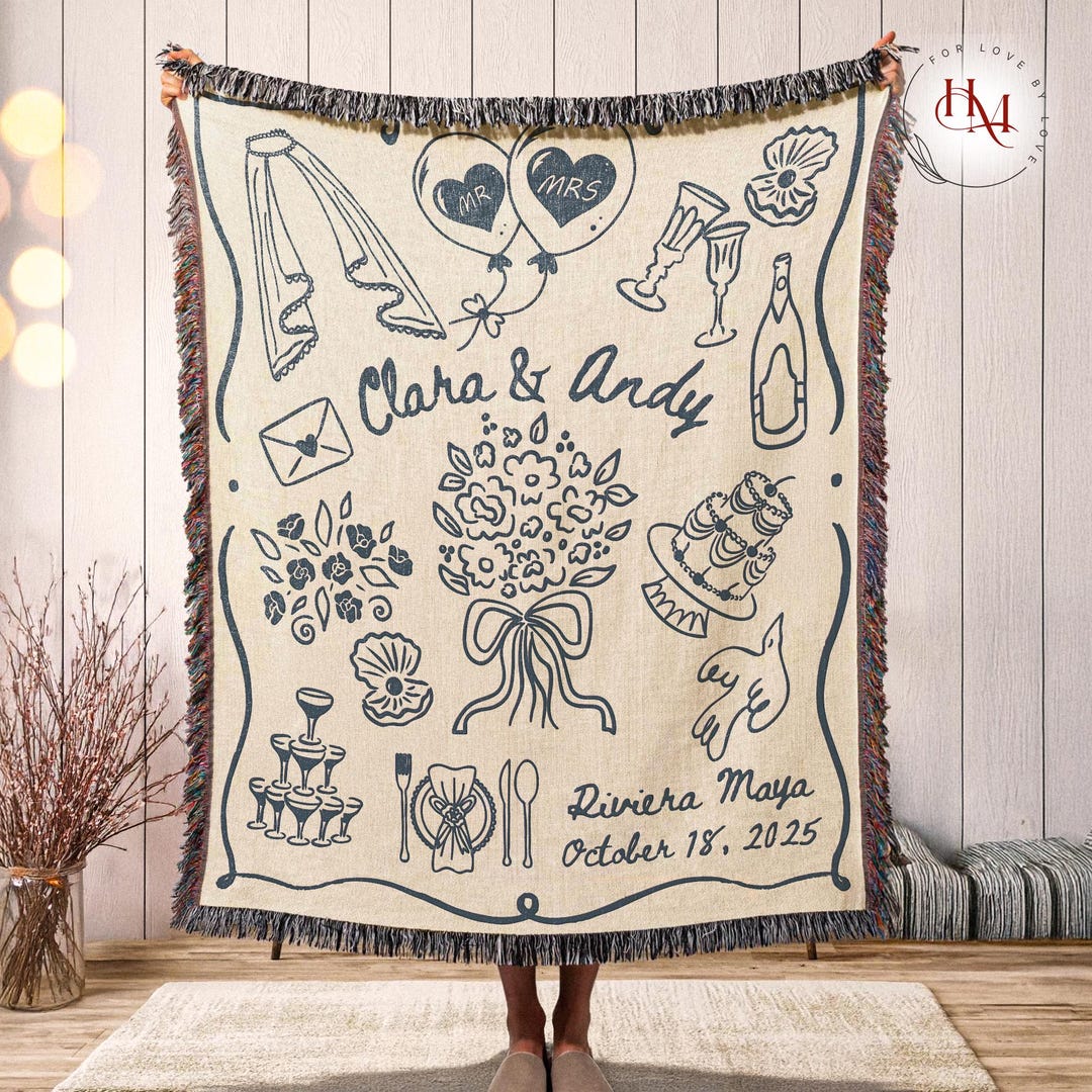 Personalized Wedding Blanket: Navy Blue Tapestry Woven Cotton Throw - Etsy