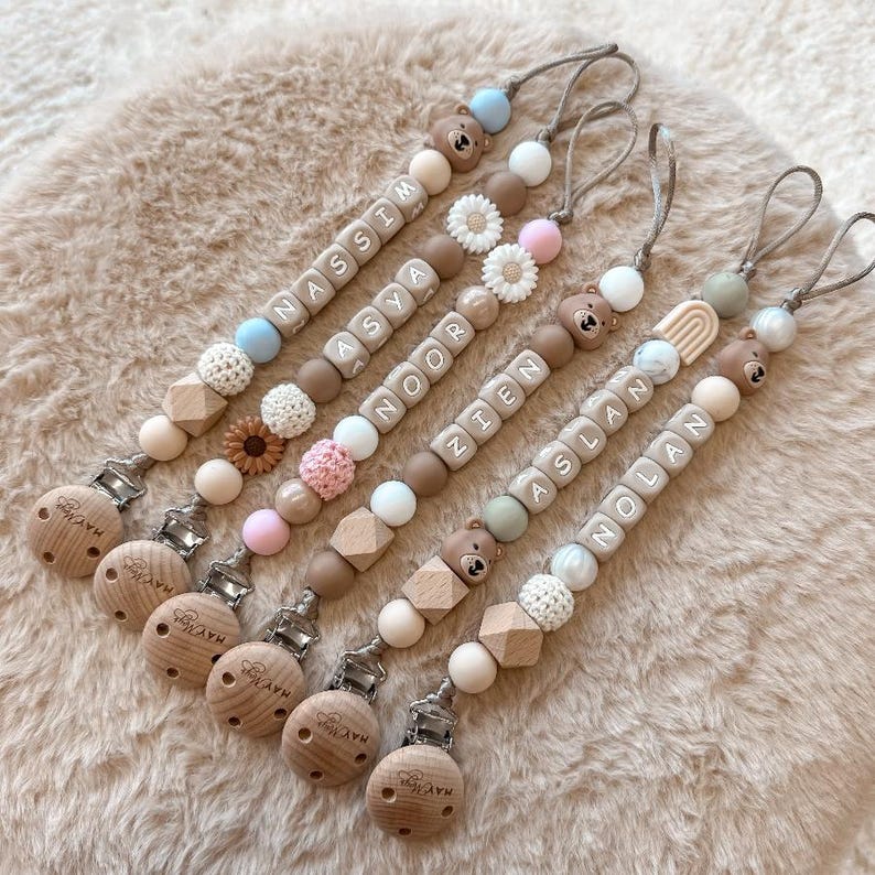 Personalized Pacifier Clip With Name – Gold Brown Flower Design ...
