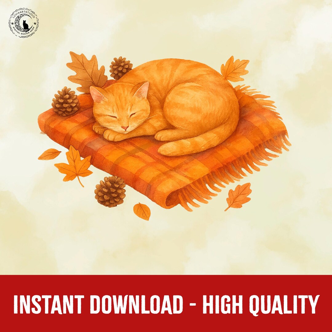 Cozy Autumn Cat PNG: Fall Kitty Clipart for Sublimation (digital ...