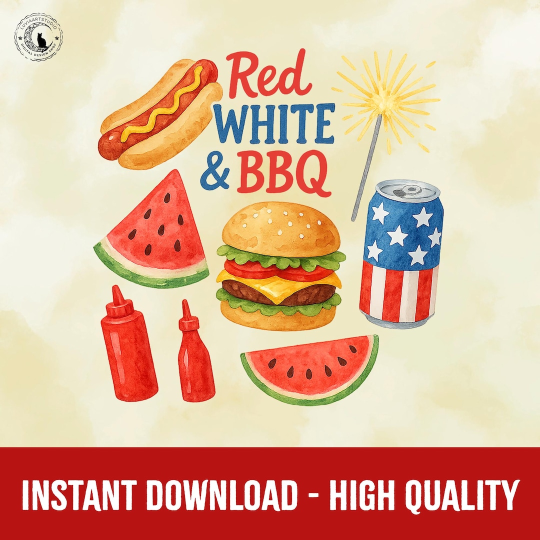 Red White and BBQ PNG, 4th of July Cookout Clipart, Watercolor Hotdog ...