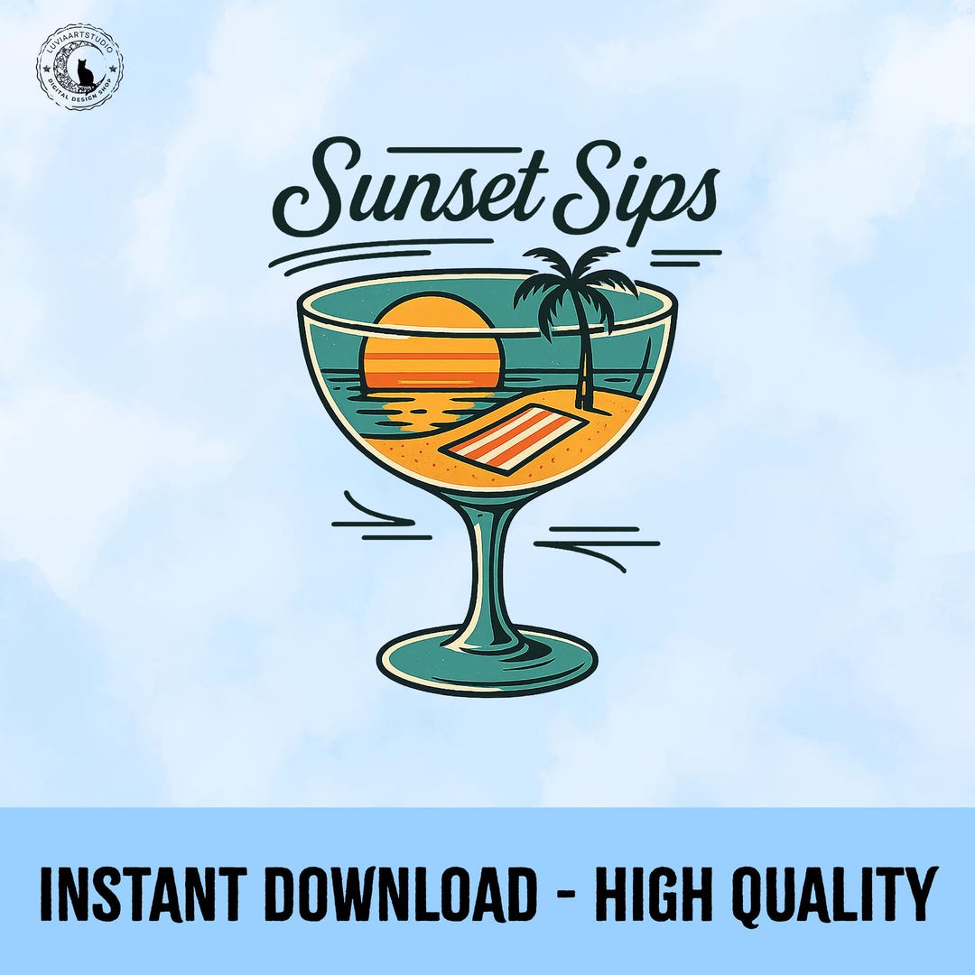 Sunset Sips PNG Set, Retro Beach Cocktail Art, Aesthetic Summer Clipart ...