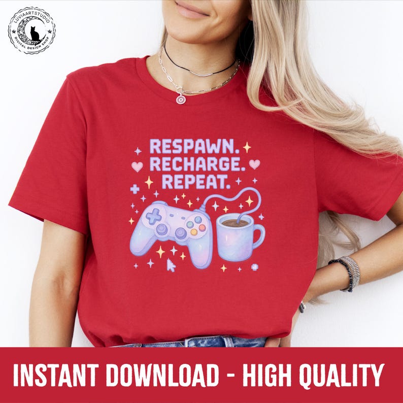 Respawn Recharge Repeat PNG, Cute Pastel Gamer Clipart, Coffee and ...