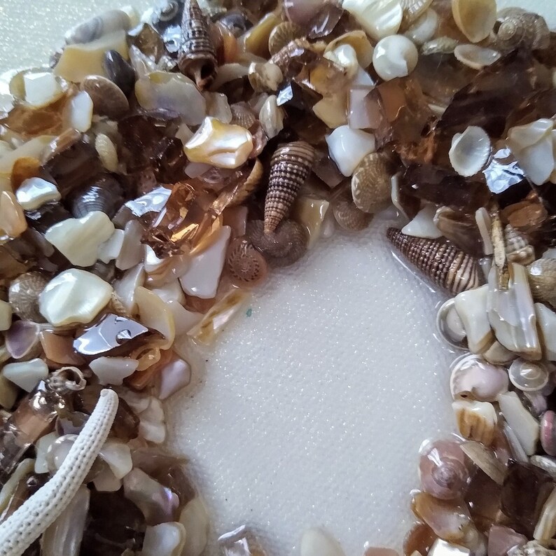 Coastal Elements 8x8x1 1/2 Canvas. Crushed Amber Glass, Tiny Assorted Seashells and Crowned With ...
