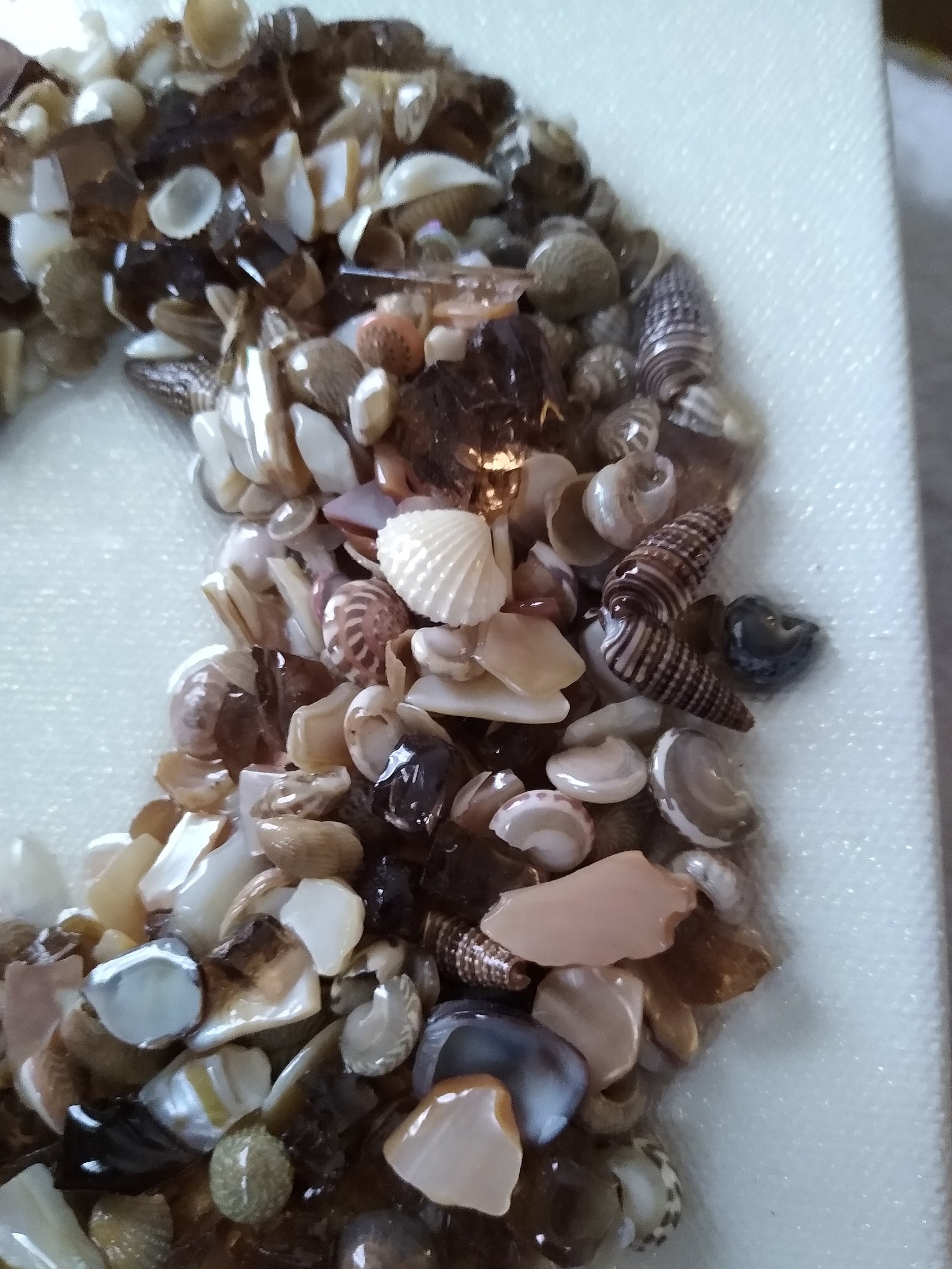 Coastal Elements 8x8x1 1/2 Canvas. Crushed Amber Glass, Tiny Assorted Seashells and Crowned With ...