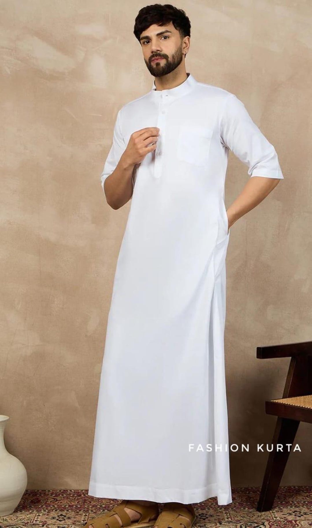 White Colour Saudi Arab Thobe | 3/4 Sleeve Abaya Kaftan Robe | Ethnic ...