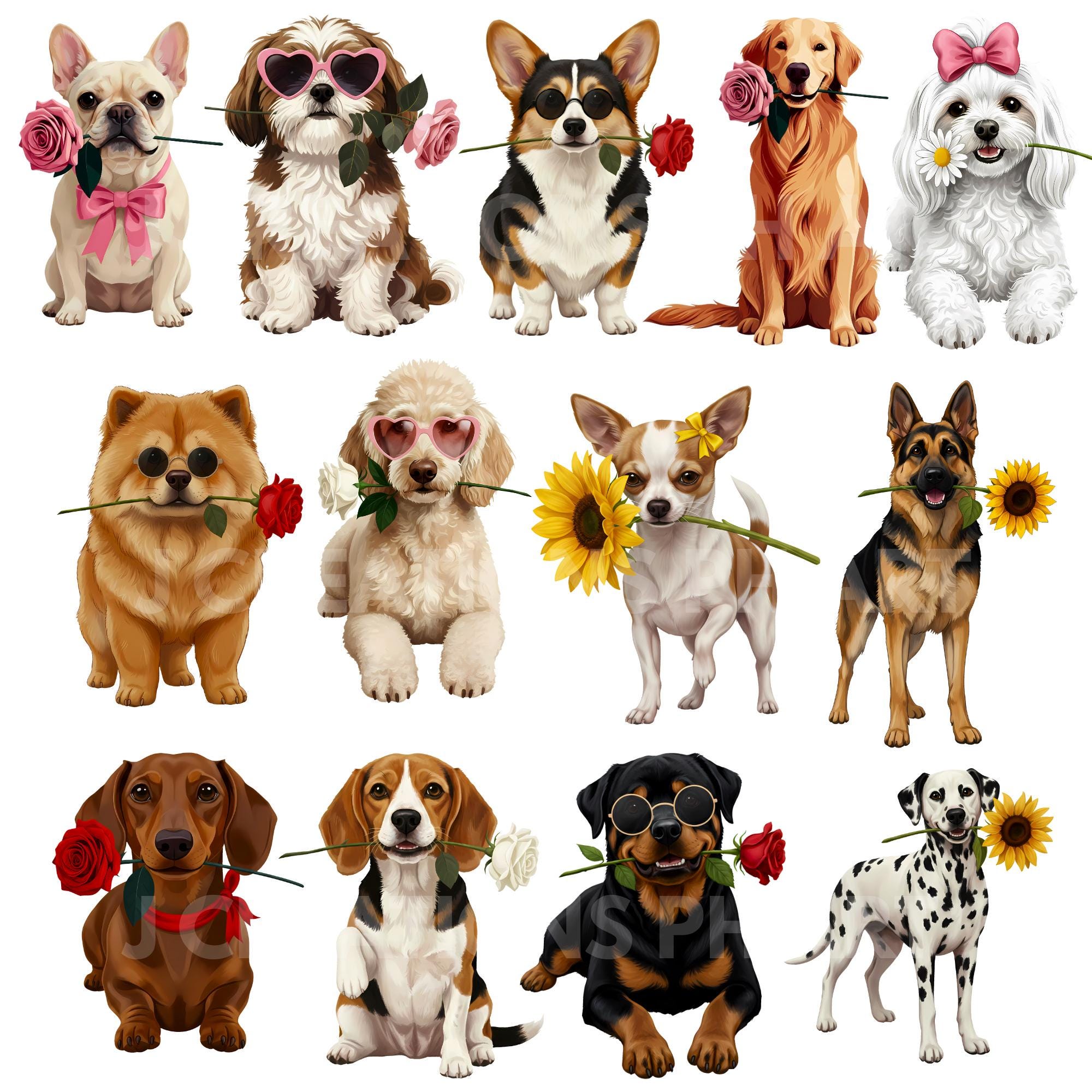 Cute Dogs With Flowers Clipart, Dog Breeds PNG, Romantic Puppy ...