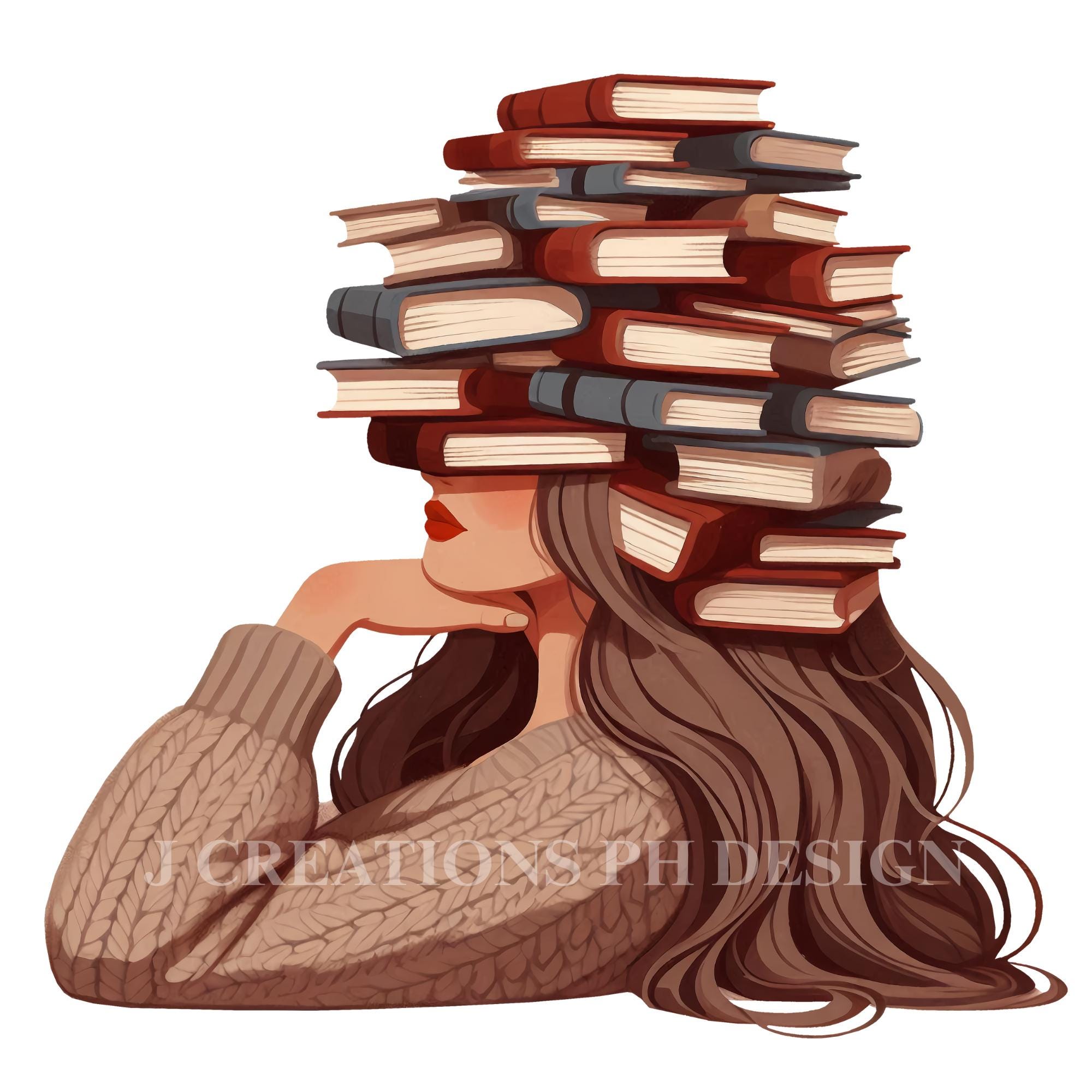 2 Book Lover Girl Clipart of Whimsical Reading Woman With Books PNG ...