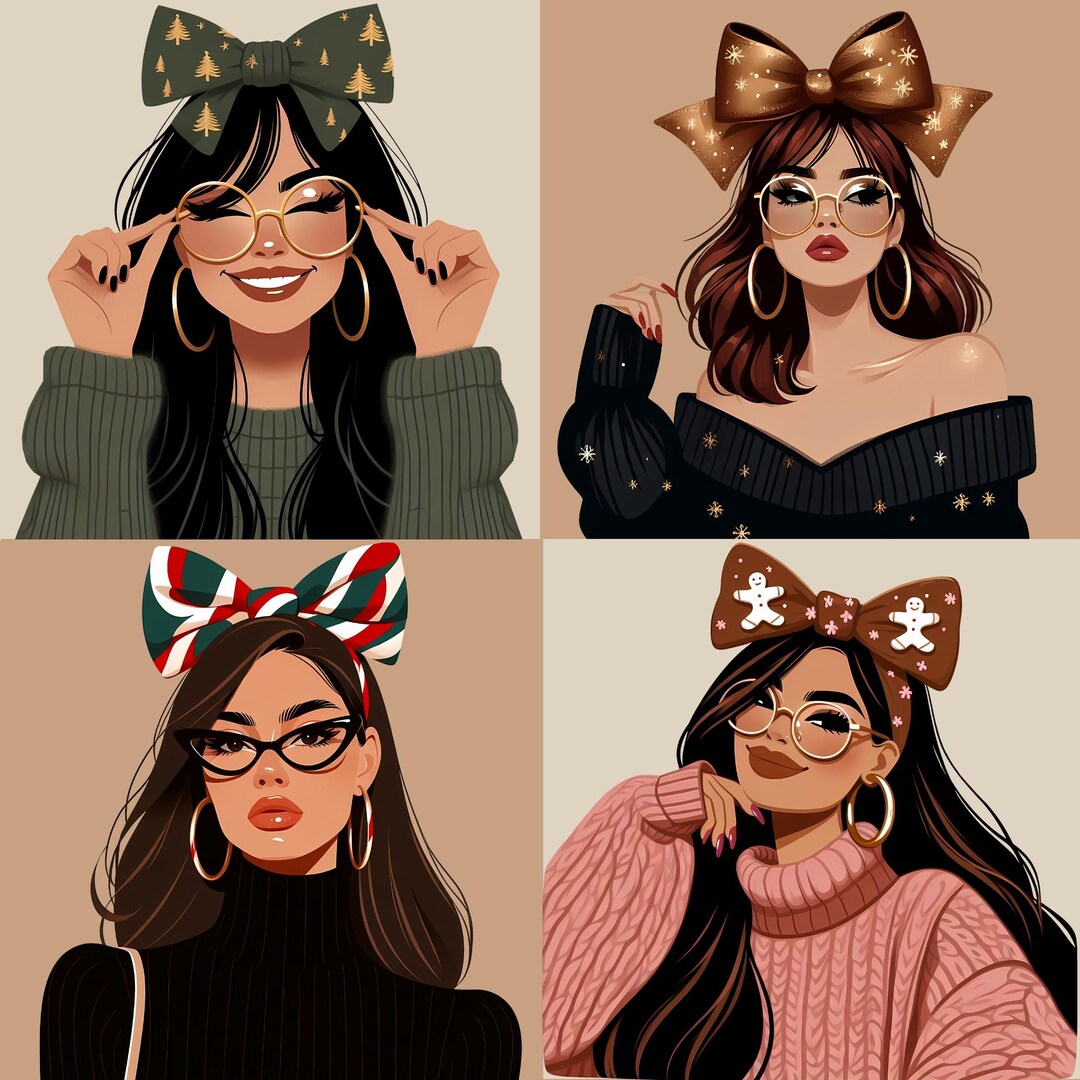 Christmas Women Clipart Bundle, Holiday Girls With Festive Bows PNG ...