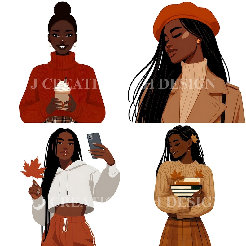 Black Girl Fall Clipart, Autumn Stickers, Cozy Fall Clipart, African ...