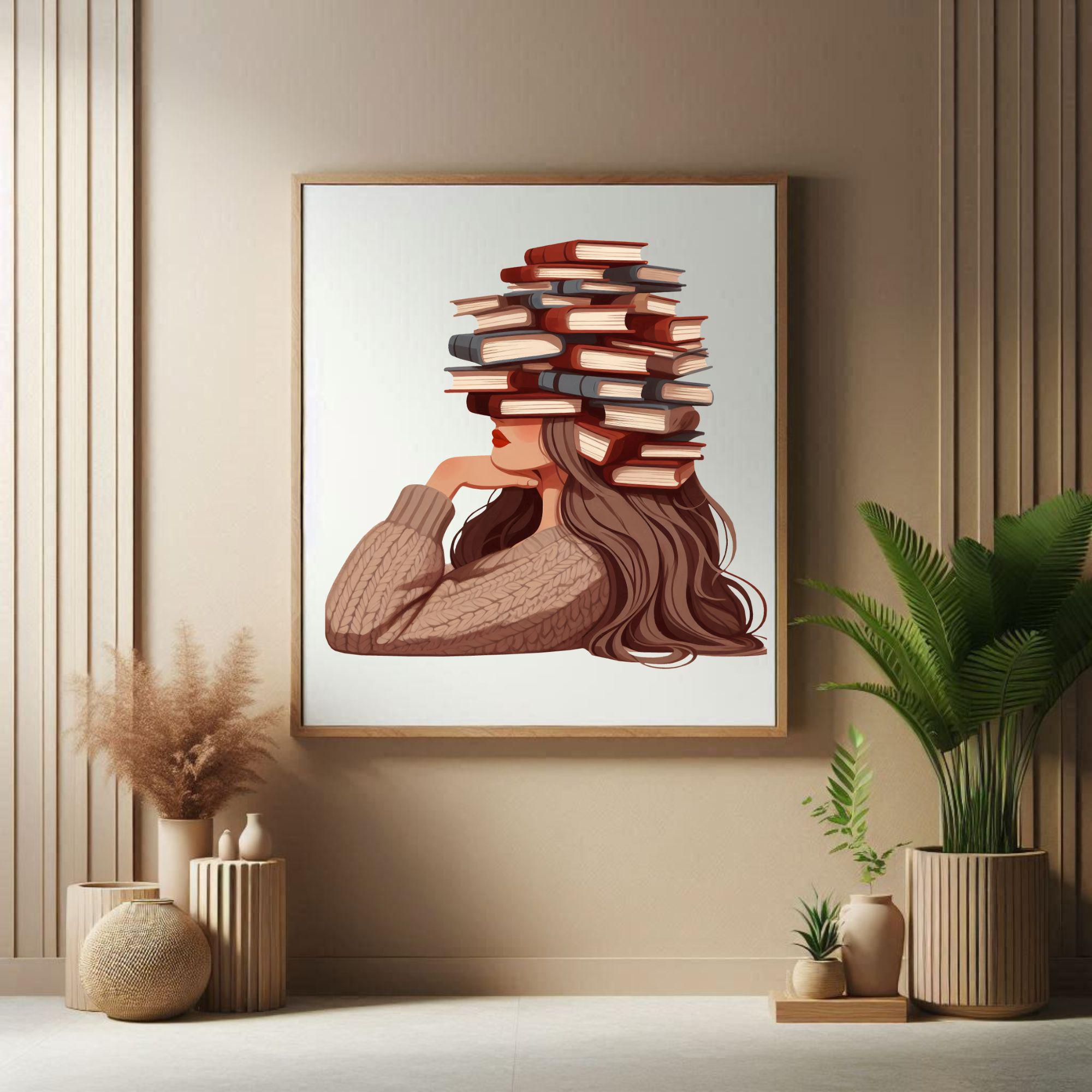 2 Book Lover Girl Clipart of Whimsical Reading Woman With Books PNG ...