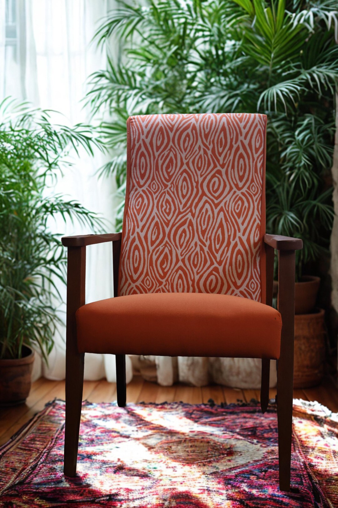 Bold Vintage Accent Chair – Orange & White Patterned Fabric ...