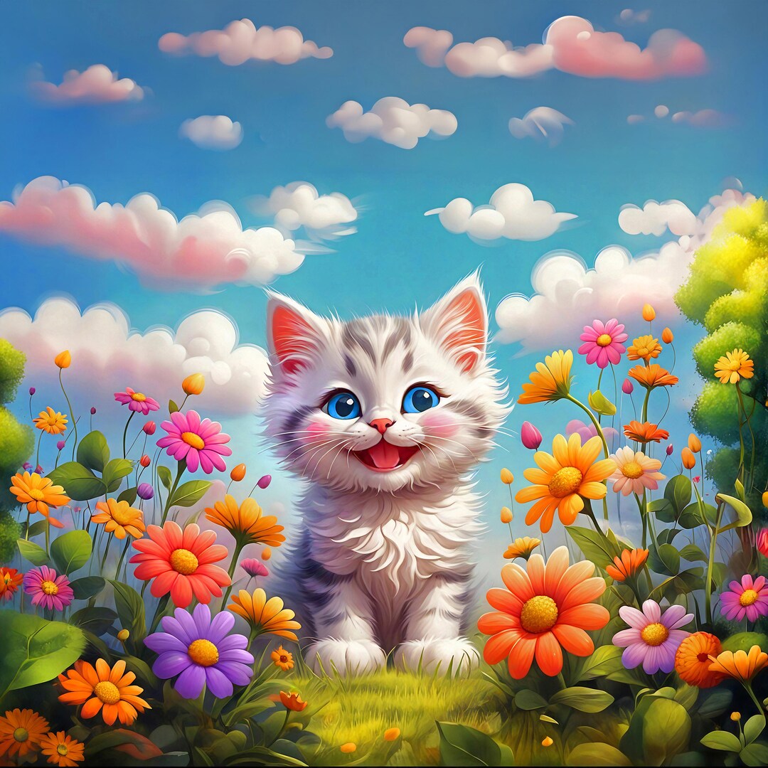Happy Kitten in a Meadow | Cute Cat Illustration | Digital Art Download ...