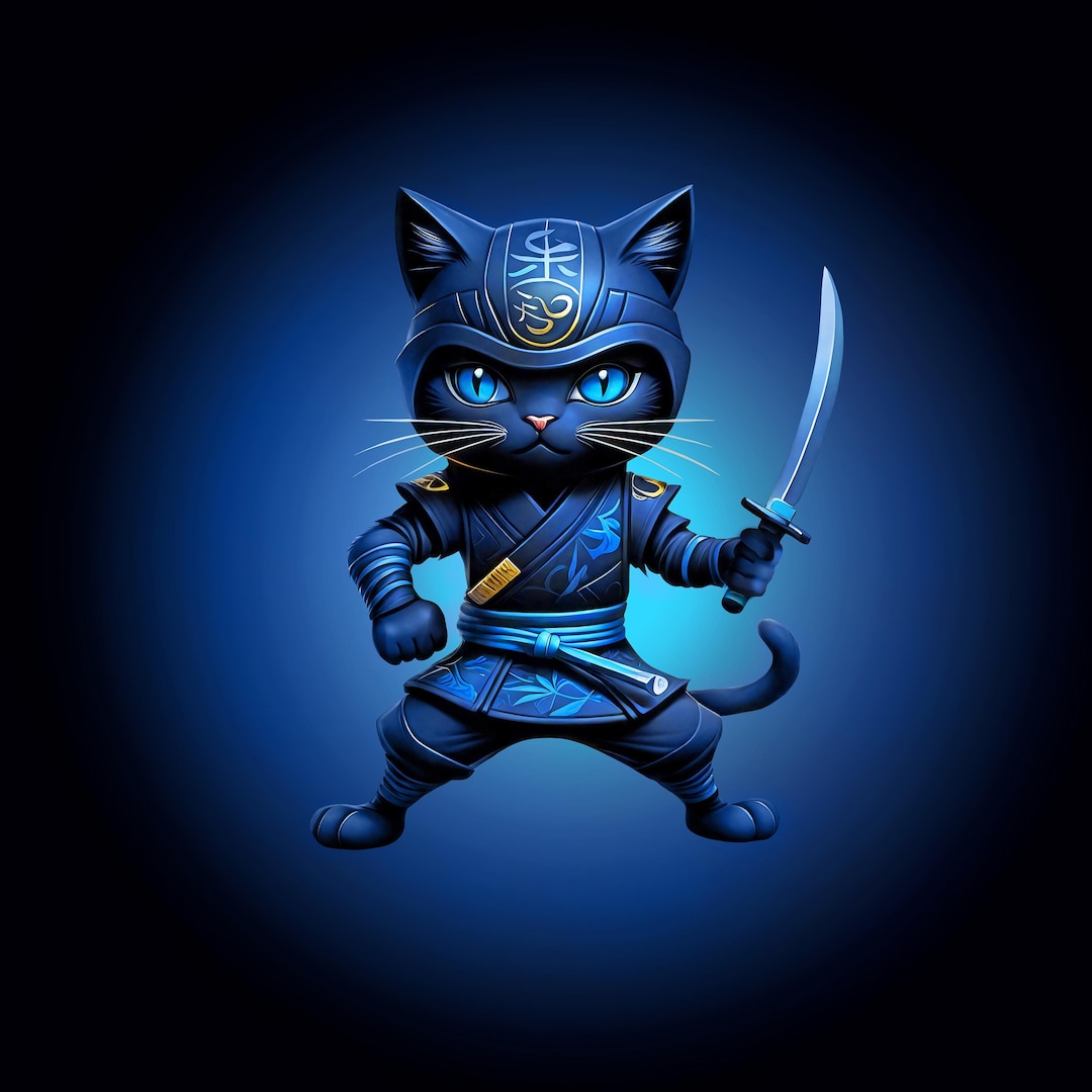 Black Cat Ninja With Vignetted Blue Background | High-resolution PNG ...