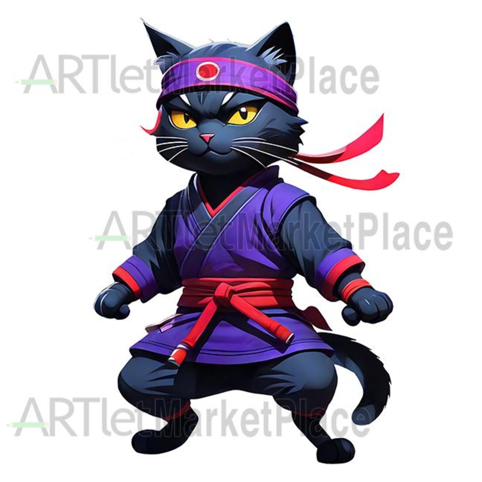 Black Cat Ninja Art: Red Belt, Purple Gi (digital Download PNG/JPEG) - Etsy