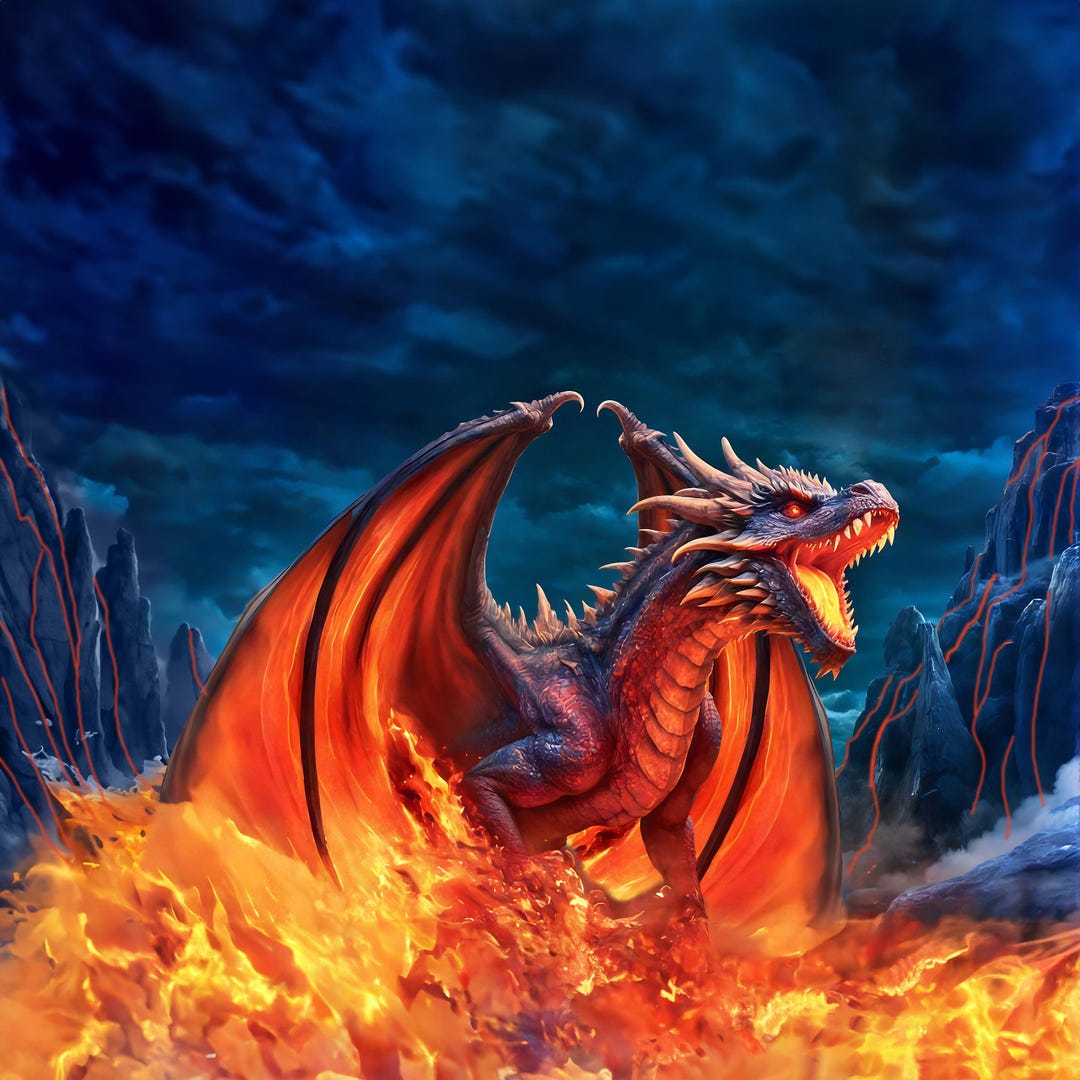 Nasty Angry Dragon in Fire Pit – Dark Ominous Sky & Lava Mountains ...
