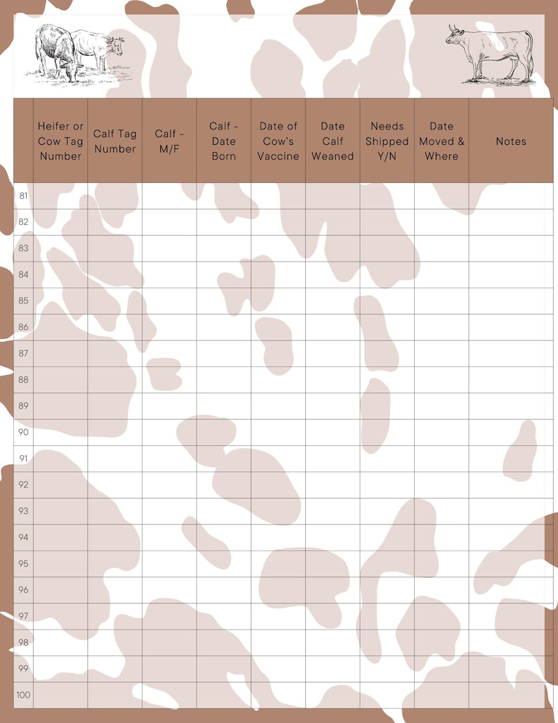 Cattle Tracking Log - Working Over Cattle Log - Etsy