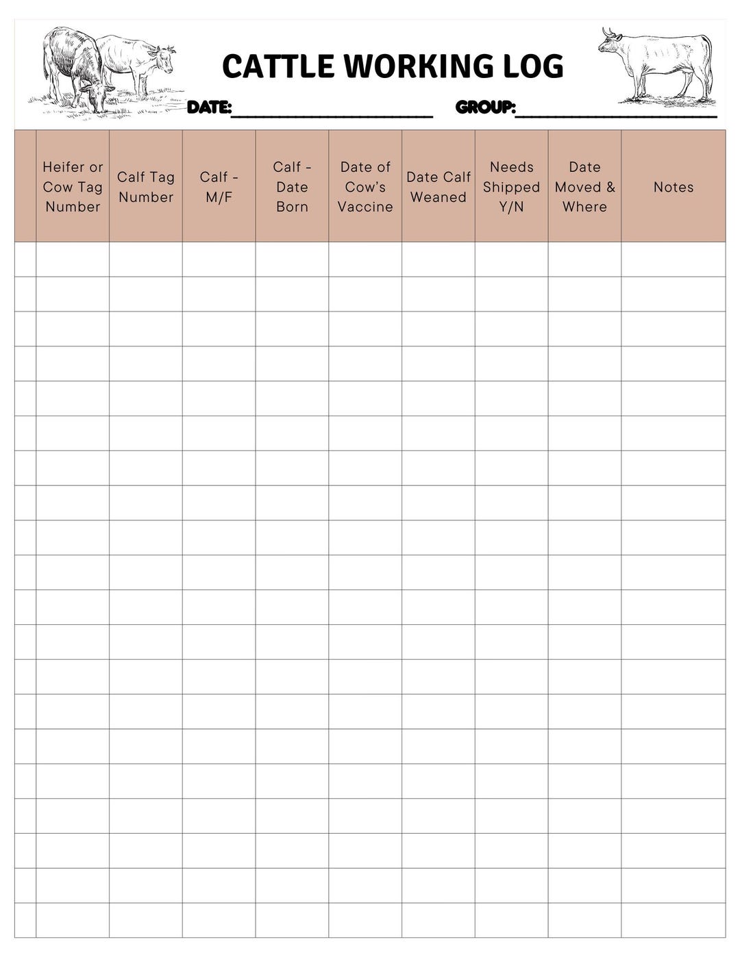 Cattle Working Log – Printable Calf & Cow Tracking Sheet - Etsy