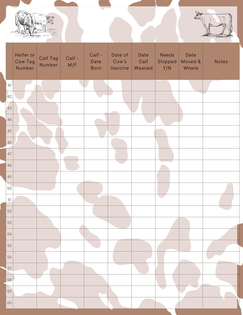 Cattle Tracking Log - Working Over Cattle Log - Etsy