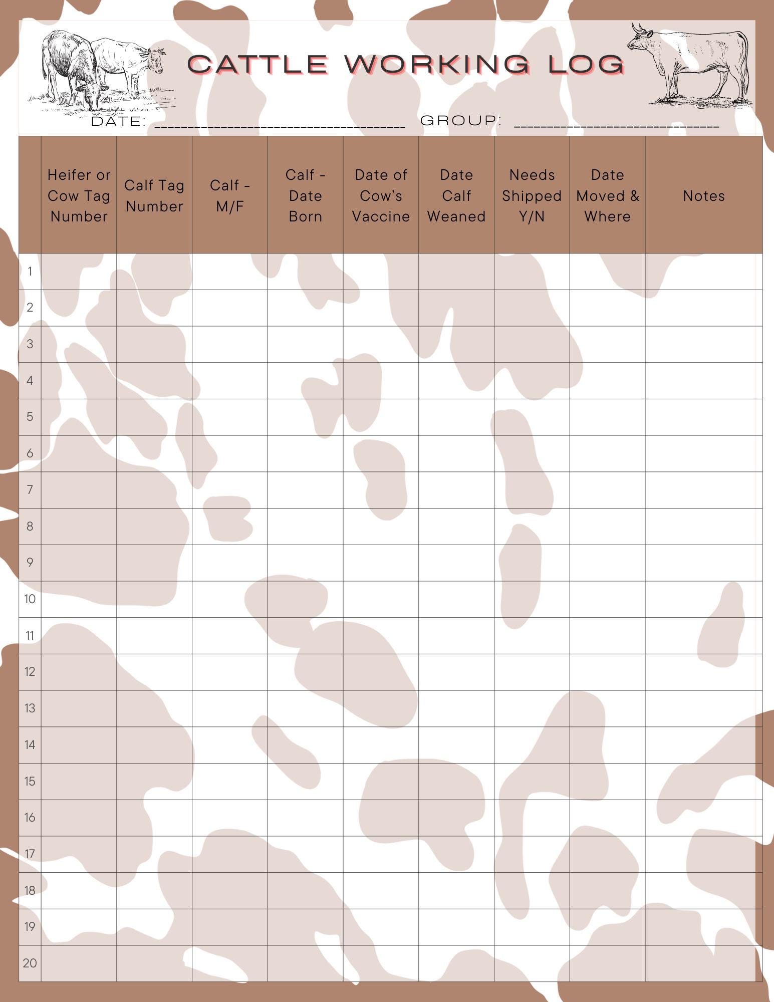 Cattle Tracking Log - Working Over Cattle Log - Etsy