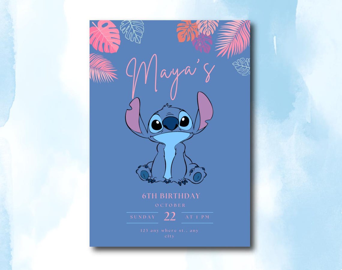 Stitch Birthday Invitation | Stitch PINK Party | Blue Stitch Invitation ...