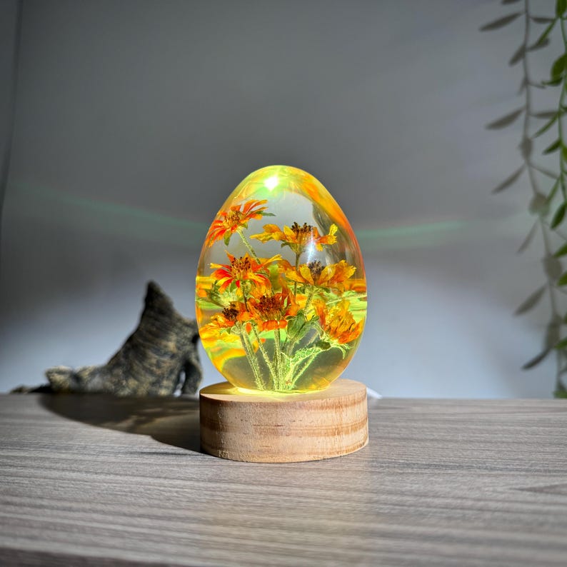 Egg Shaped Resin Flower Lamp With LED | Dried Orange Blossoms ...