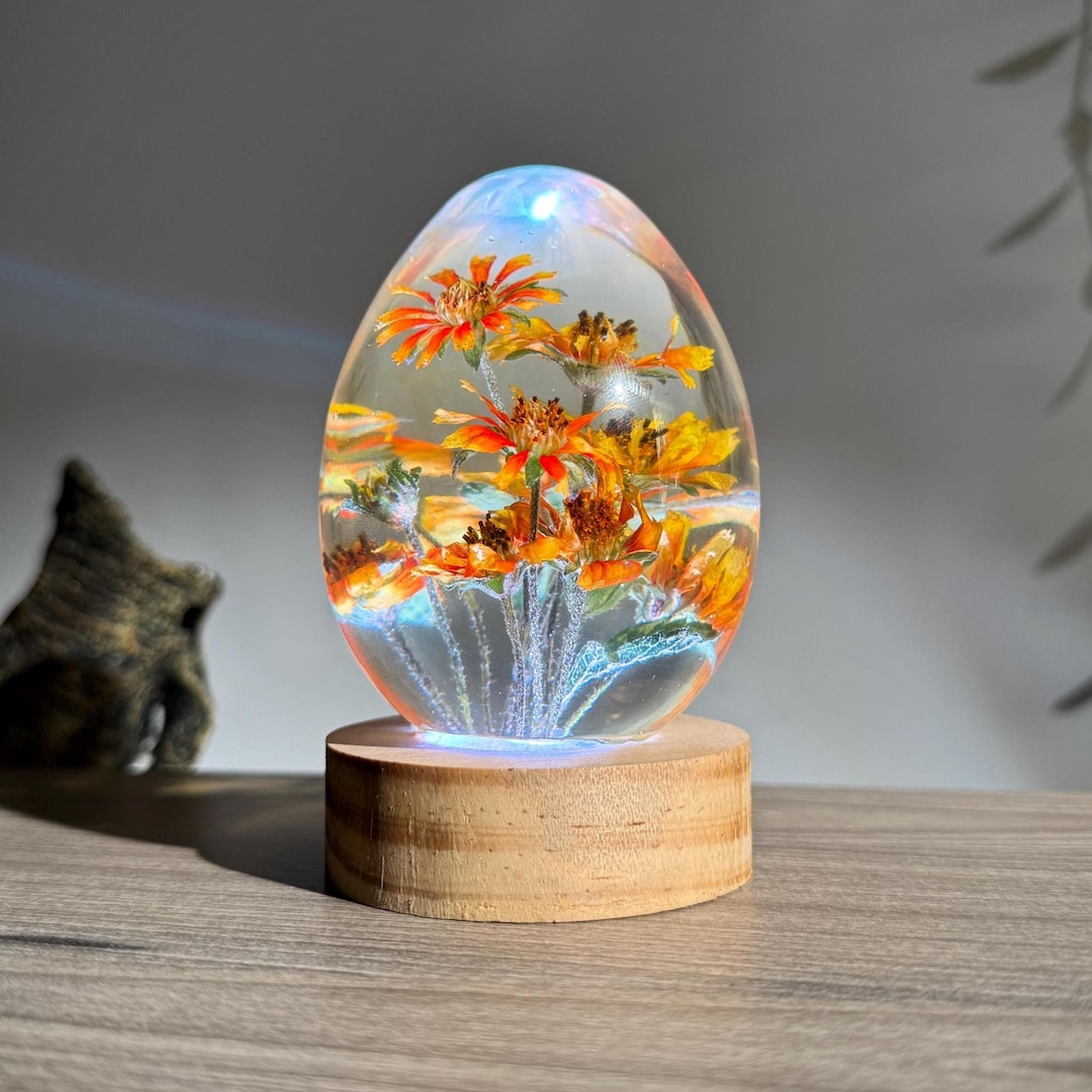 Egg Shaped Resin Flower Lamp With LED | Dried Orange Blossoms ...