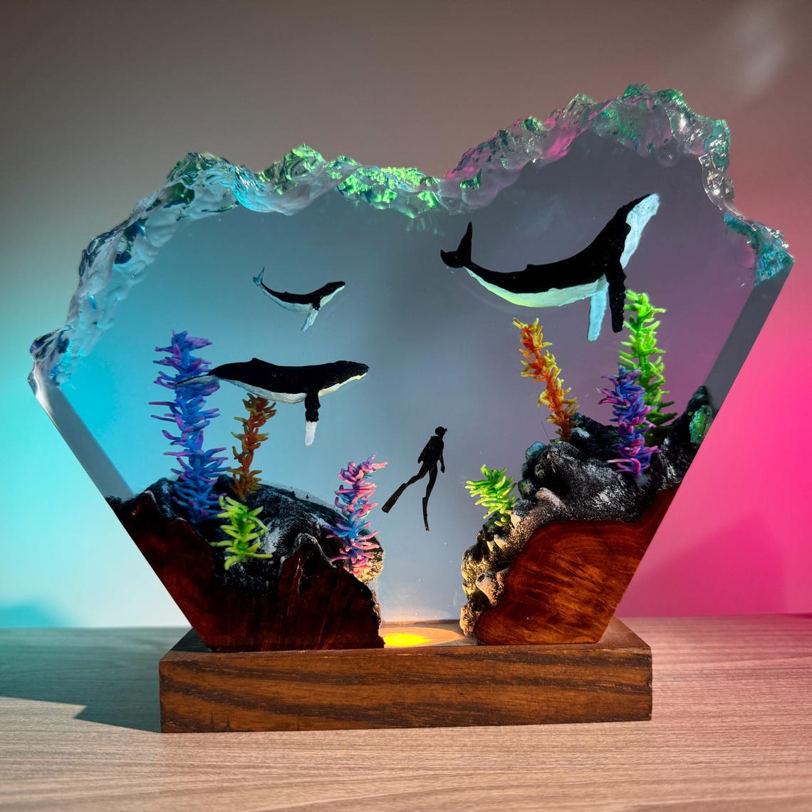 Orca Whale Resin Lamp – Handmade Ocean LED Light With Diver & Coral ...