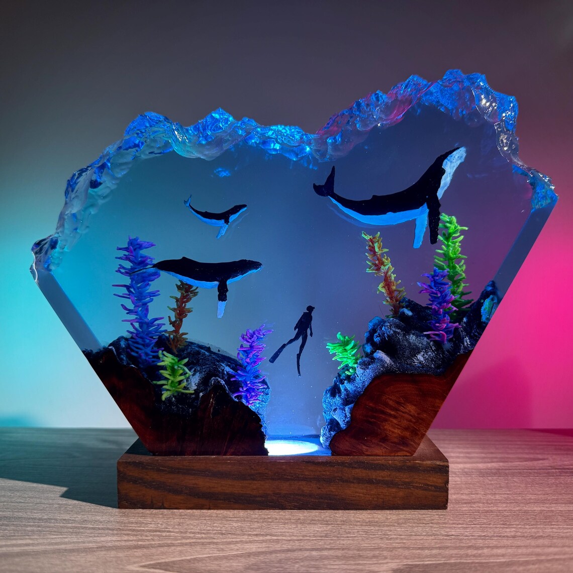 Orca Whale Resin Lamp – Handmade Ocean LED Light With Diver & Coral ...