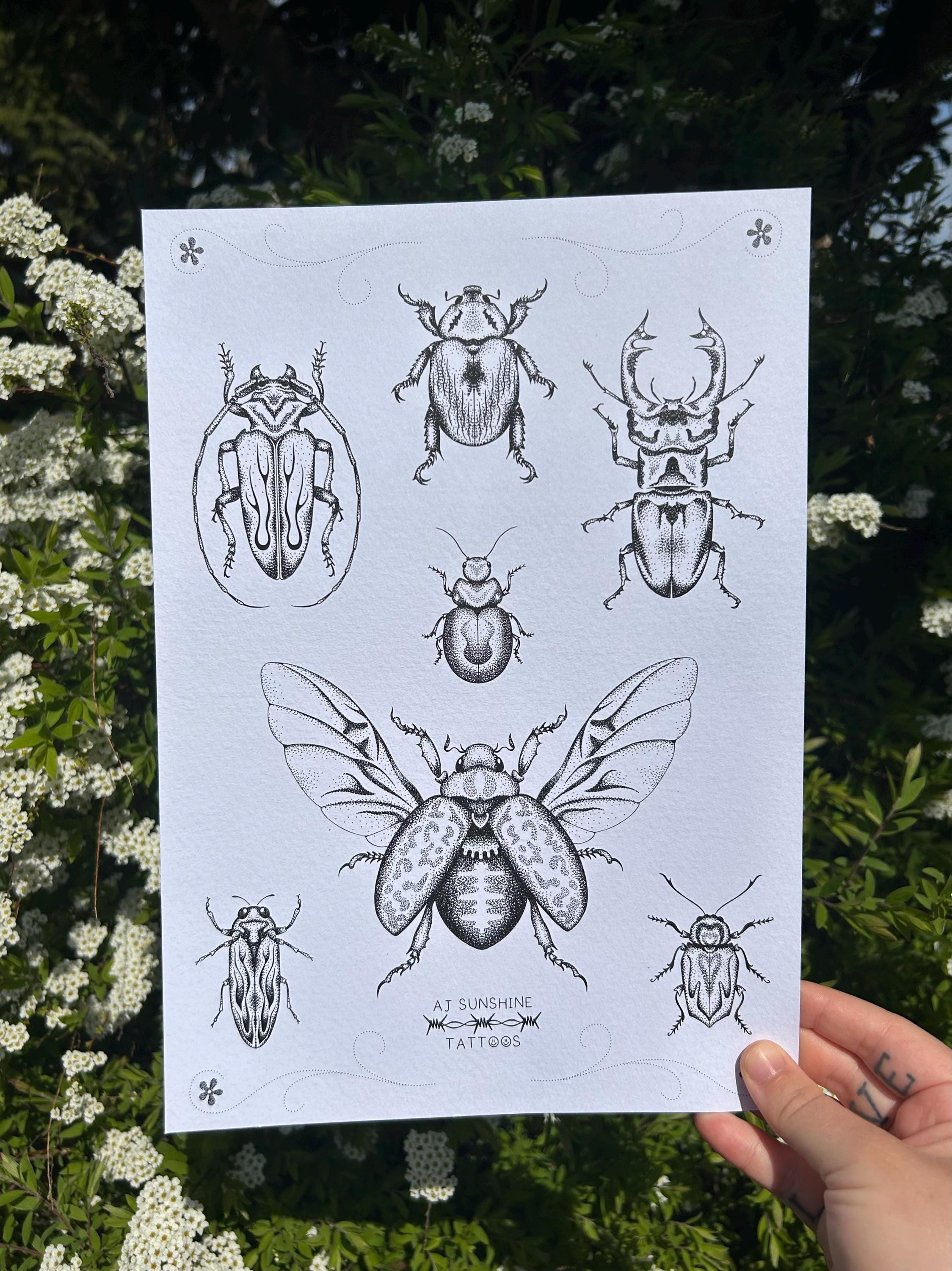 A4 Dotwork Beetles Tattoo Flash Sheet Art Print - Etsy