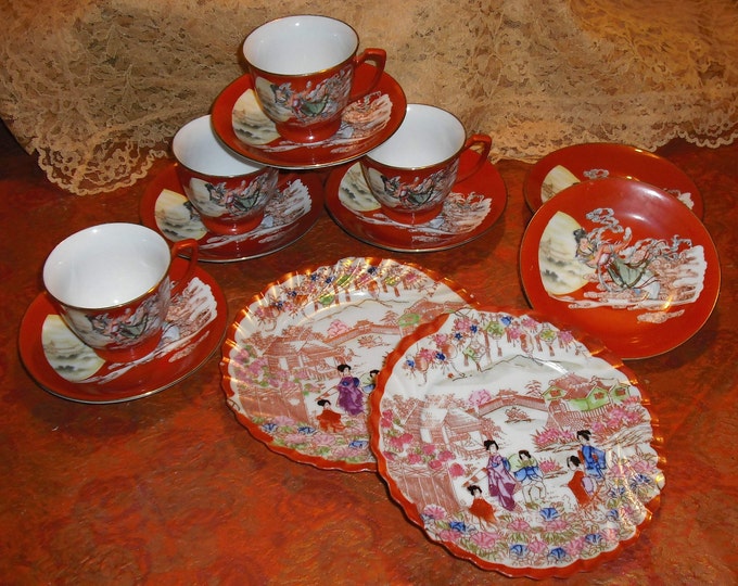 Vintage Oriental Red White China Japan Plates Cups Saucers Village ...