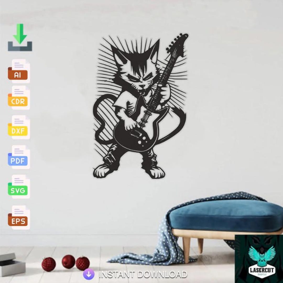 Rockstar Cat Design Laser Cut Svg Dxf File Wall Sticker Engraving Decal ...