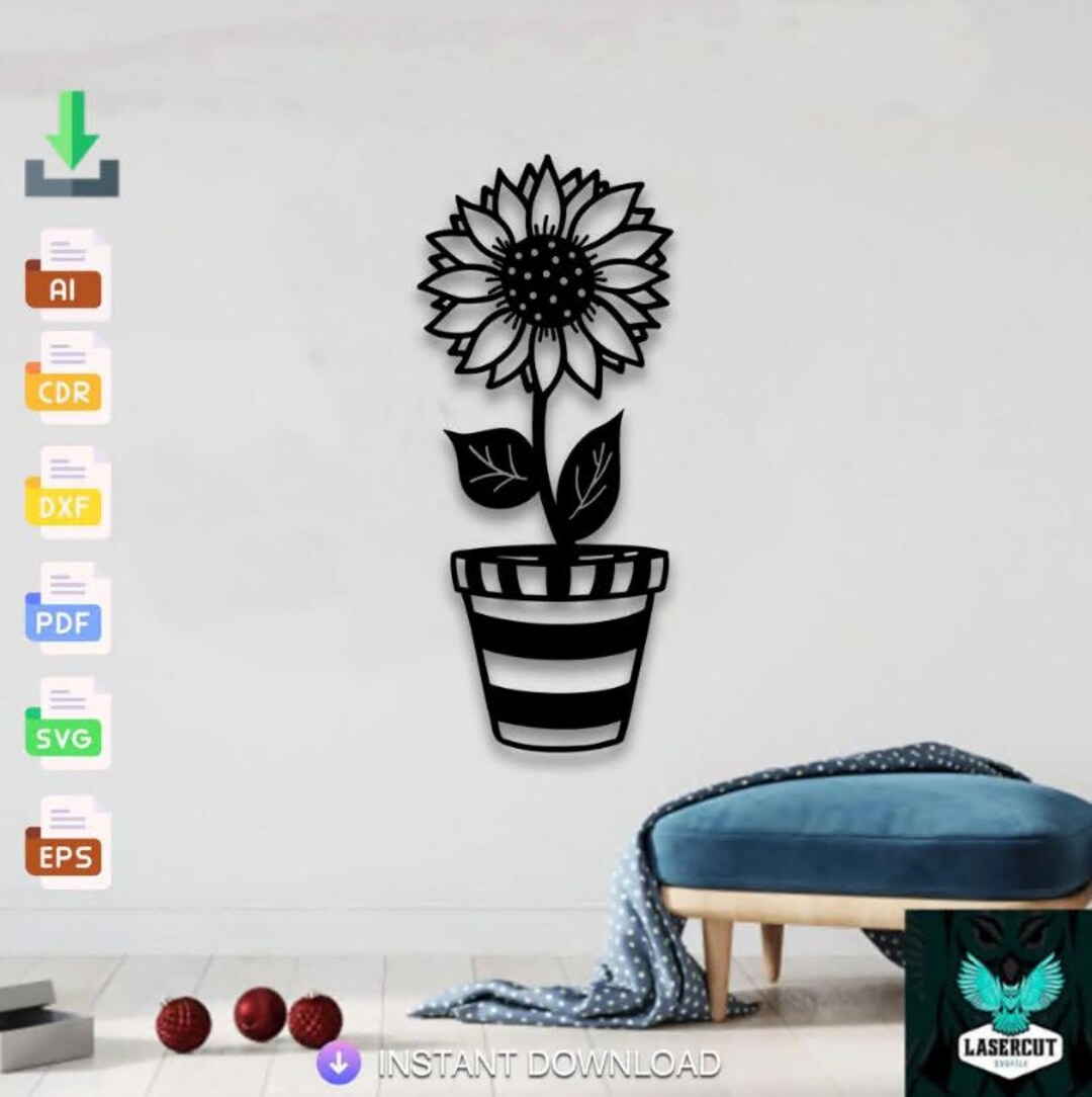 Sunflower Vase SVG DXF: CNC Laser Cut Files, Wall Art (digital Download ...