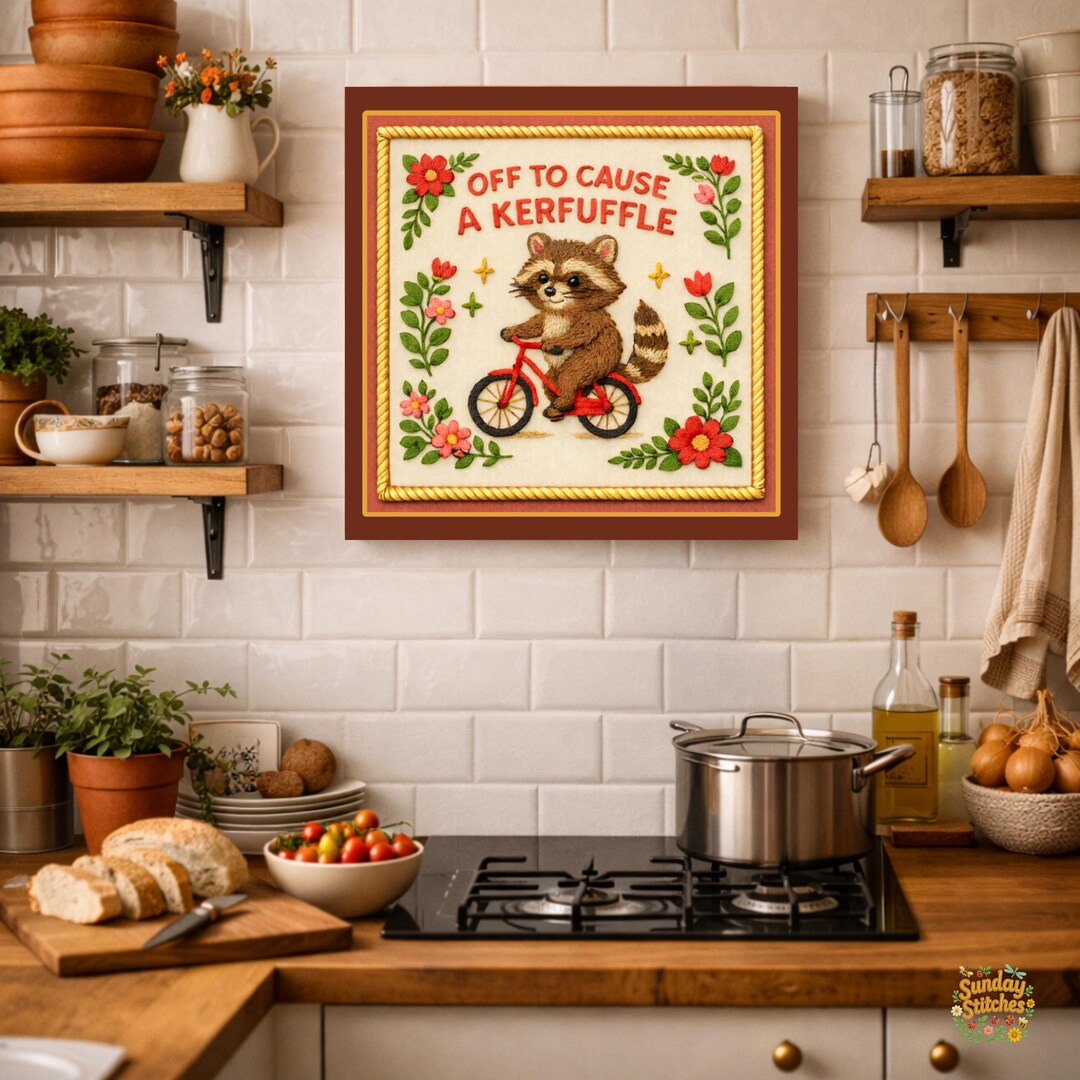 Raccoon Canvas Wall Art | Faux Embroidery Style Print, Cottagecore ...