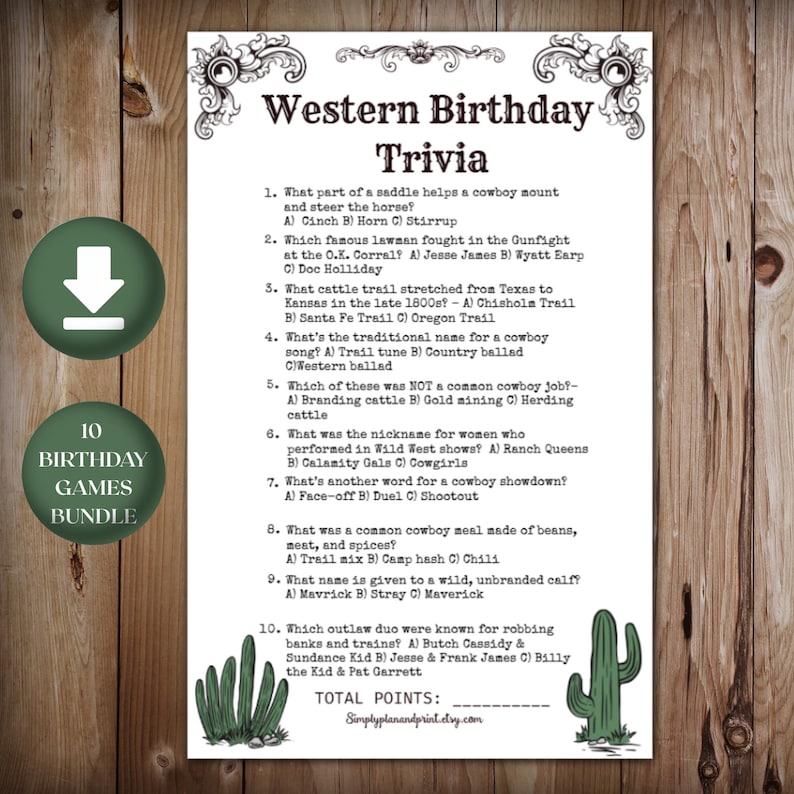 Western Birthday Party Games Bundle Cowboy Trivia Bingo Printable ...