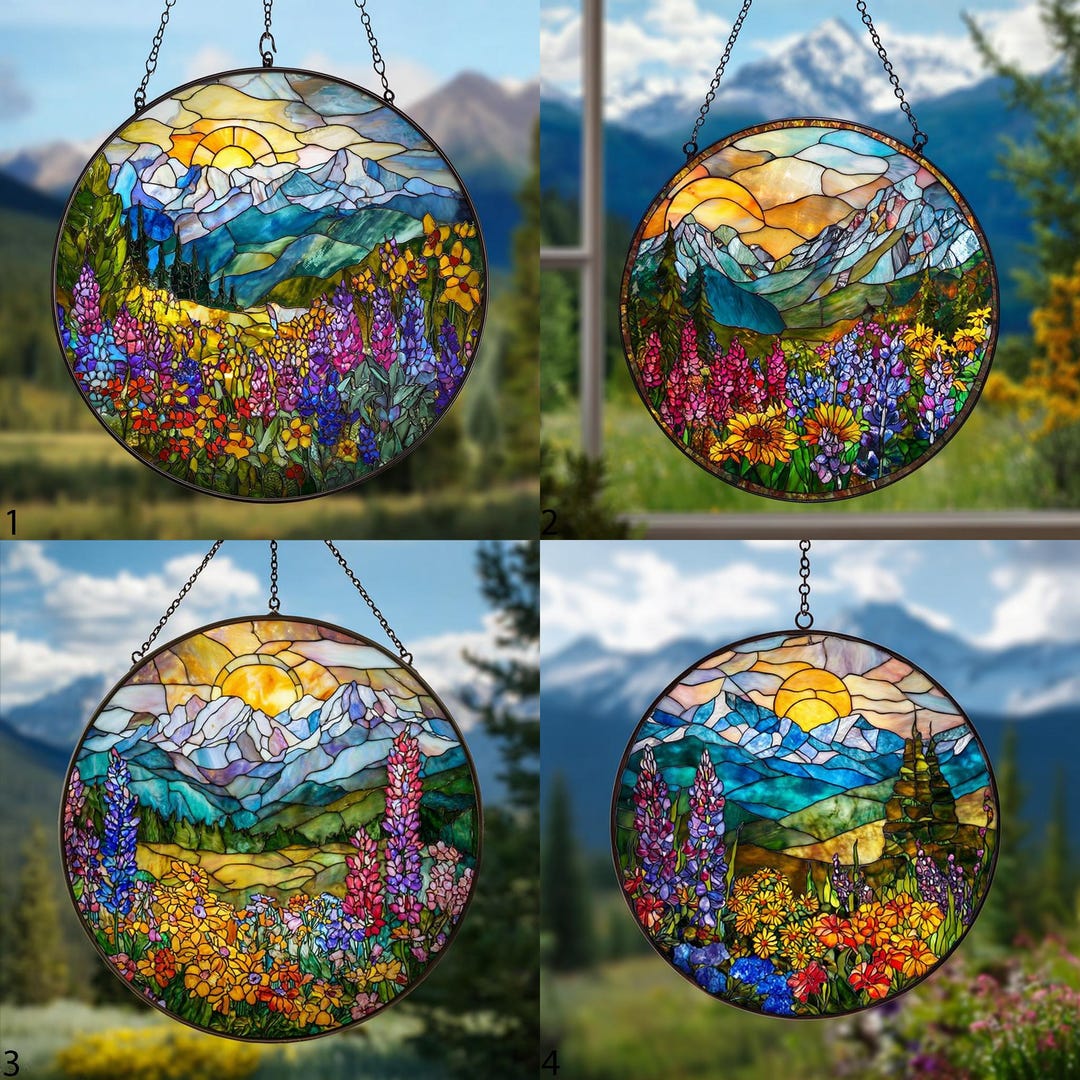 Mountain Lupine Stained Glass Suncatcher, Alpine Landscape Window Art ...