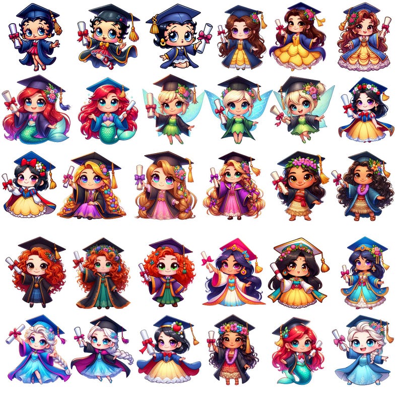 Graduation Princess Clipart PNG, Chibi Fairy Tale Girls in Cap and Gown ...